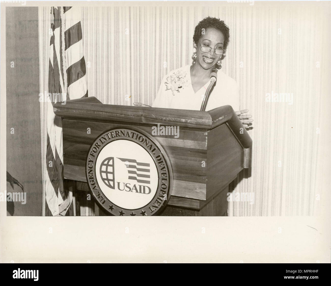 Admin. Atwood presenting general awards - Woman speaking on stage Stock ...