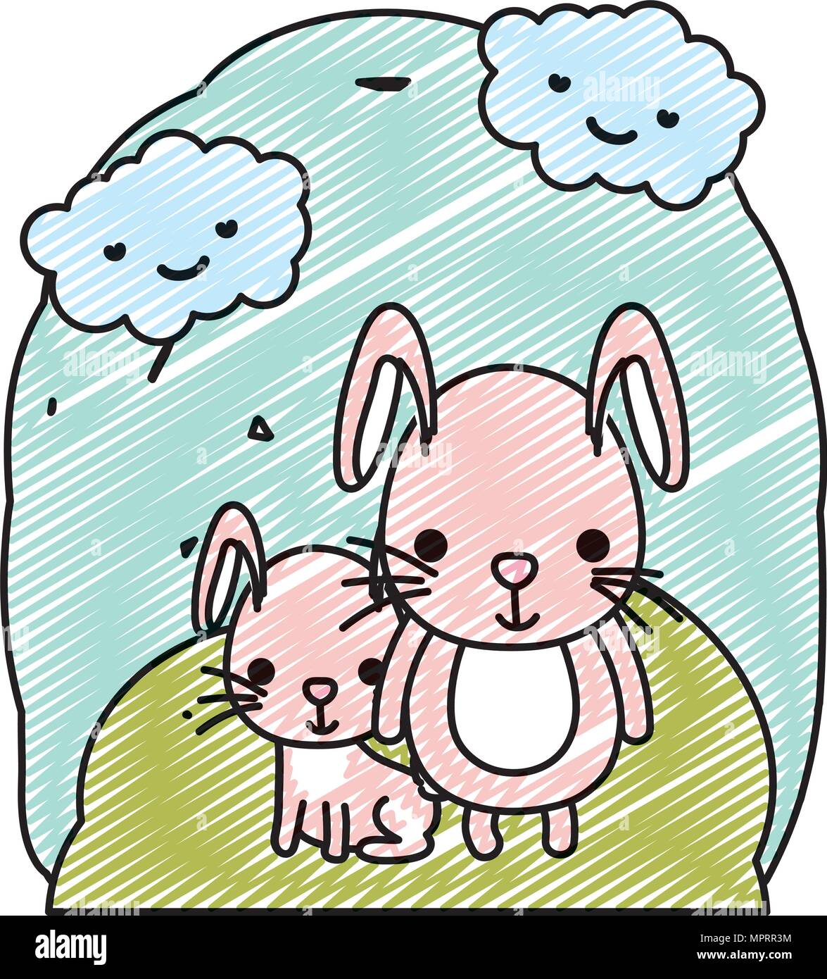 doodle rabbit father with his cute child in the landscape Stock Vector ...