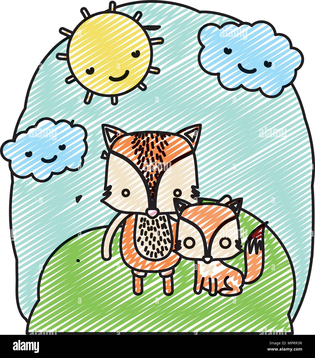 doodle fox father with his cute child in the landscape Stock Vector ...