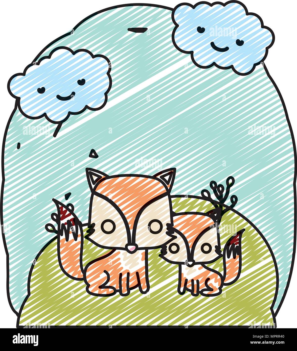 doodle cute fox father with his child in the landscape Stock Vector ...