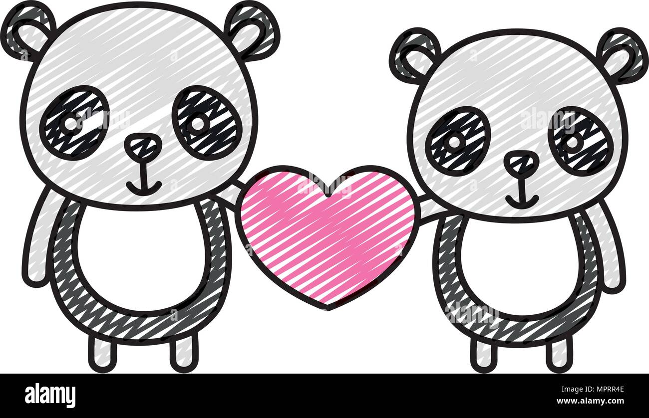 doodle couple panda with cute heart in their hands Stock Vector Image ...