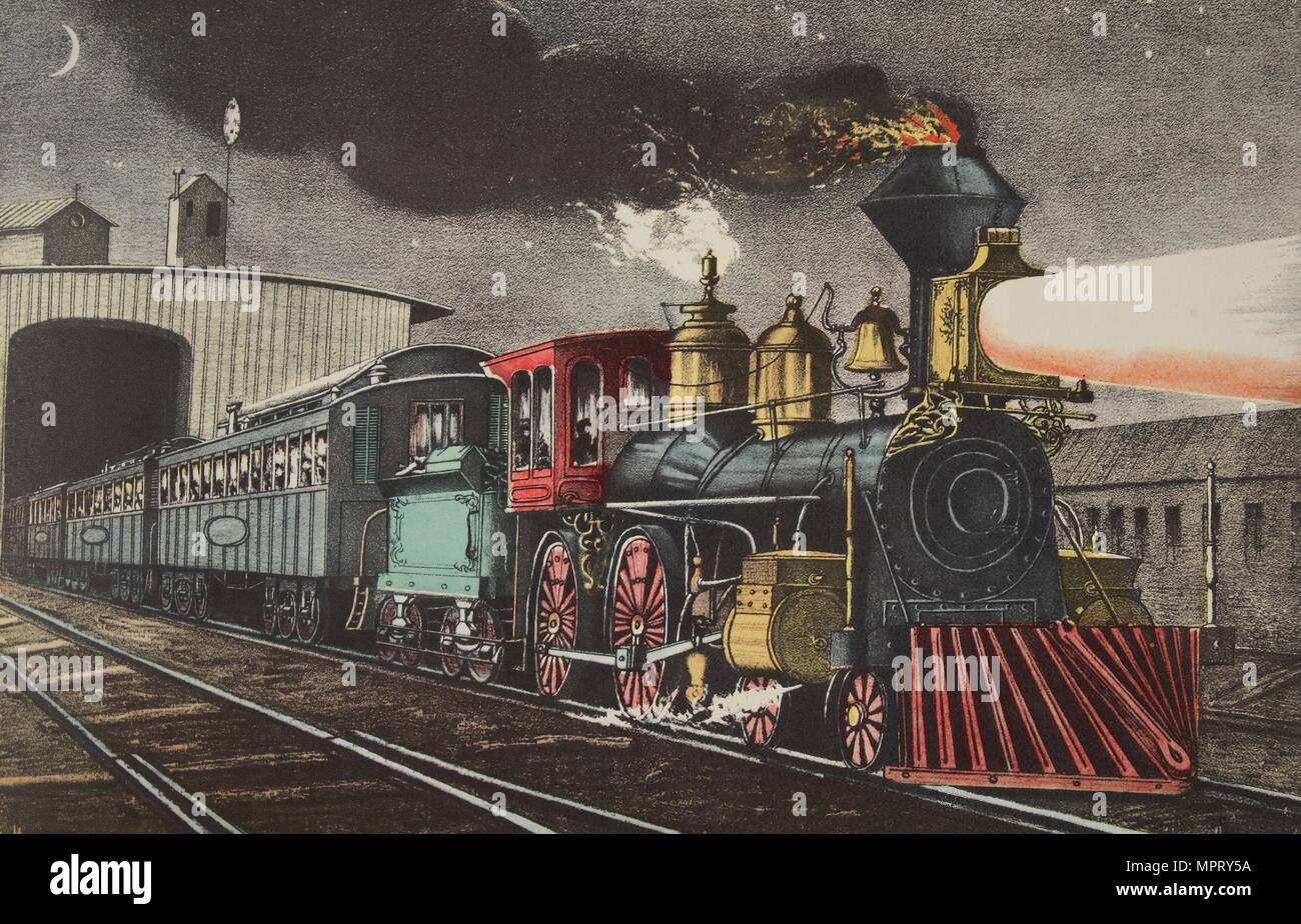 The Night Express: The Start, pub. 1871, Currier & Ives (Colour ...
