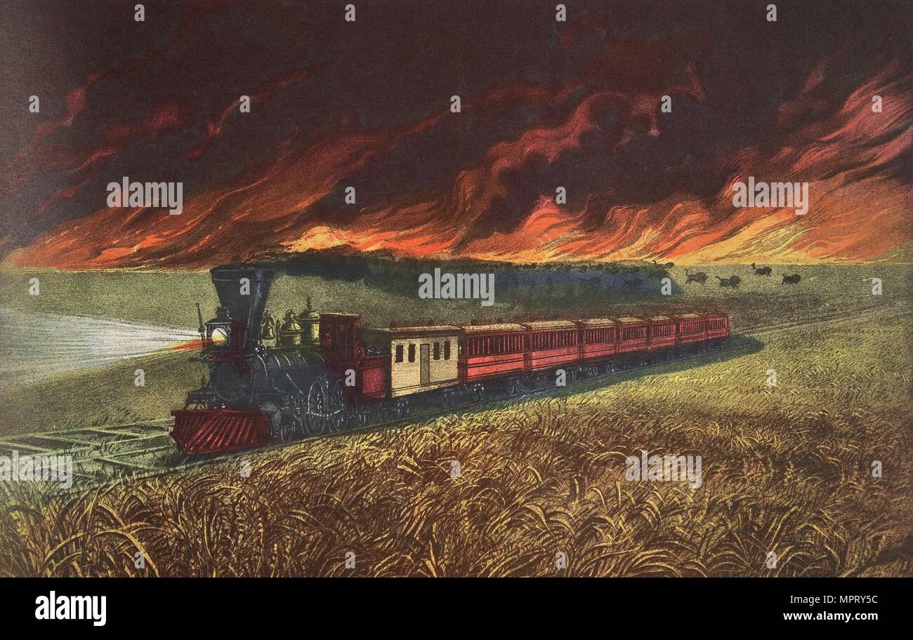 Prairie Fires of the Great West, pub. 1871, Currier & Ives (Colour ...