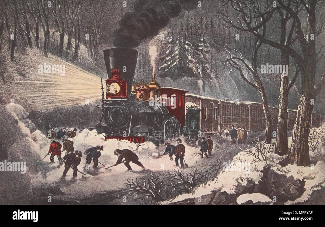 American Railroad Scene, Snow Bound, pub. 1871,Currier & Ives (Colour ...