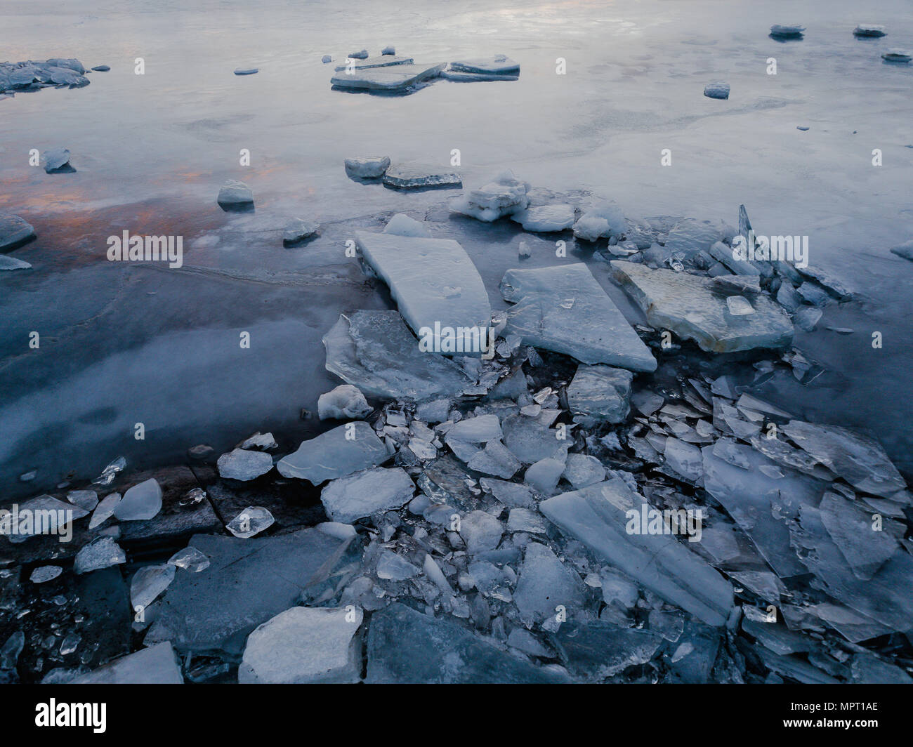 The structure of a frozen lake in Iceland with many ice blocks Stock ...