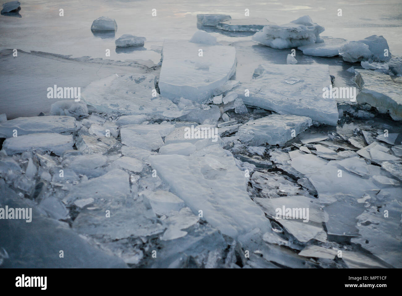 The structure of a frozen lake in Iceland with many ice blocks Stock ...