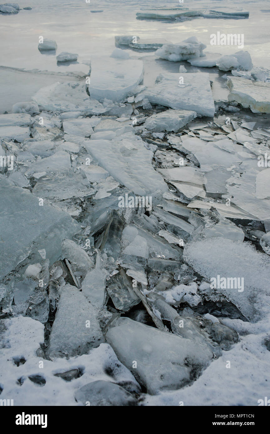 The structure of a frozen lake in Iceland with many ice blocks Stock ...