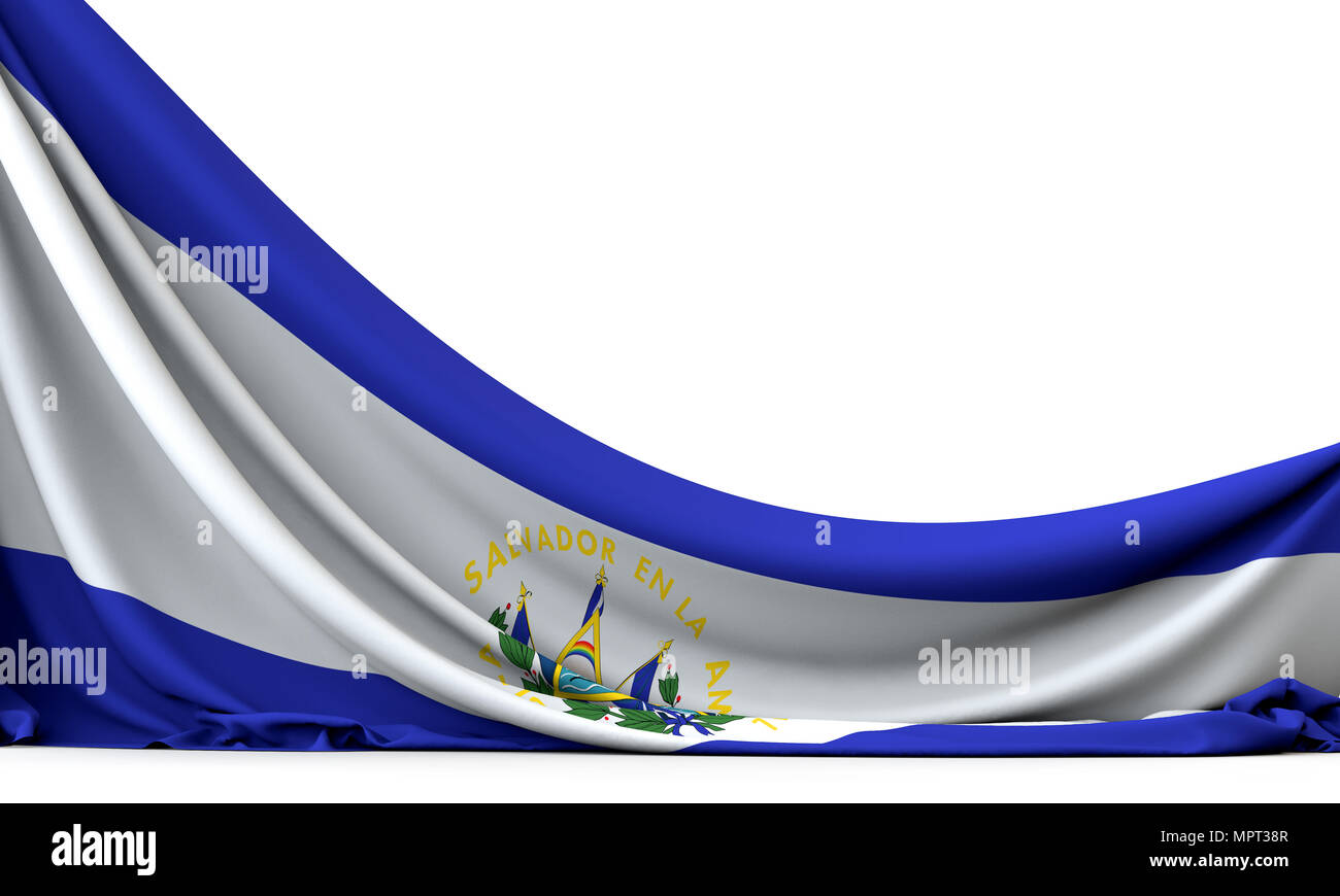 El Salvador national flag hanging fabric banner. 3D Rendering Stock ...