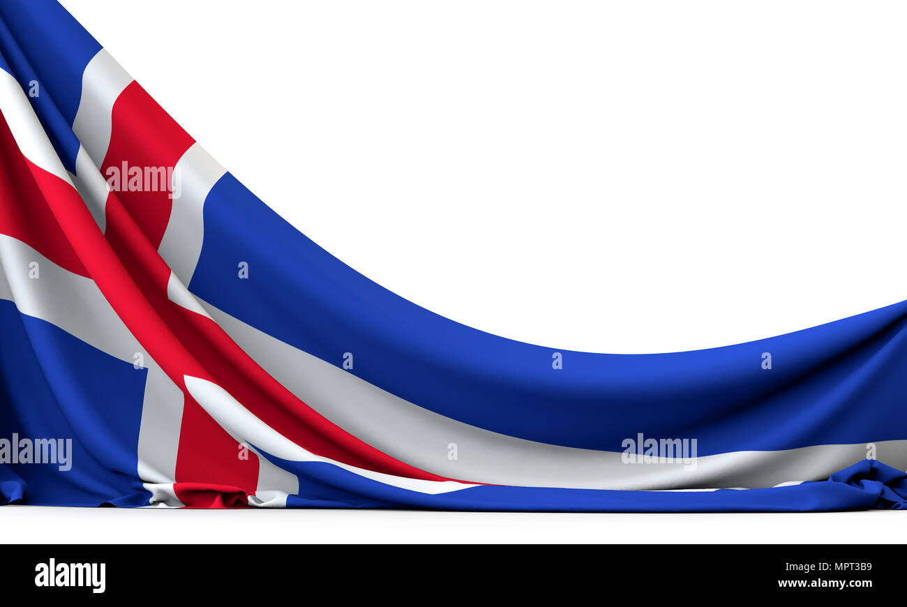 Iceland national flag hanging fabric banner. 3D Rendering Stock Photo ...