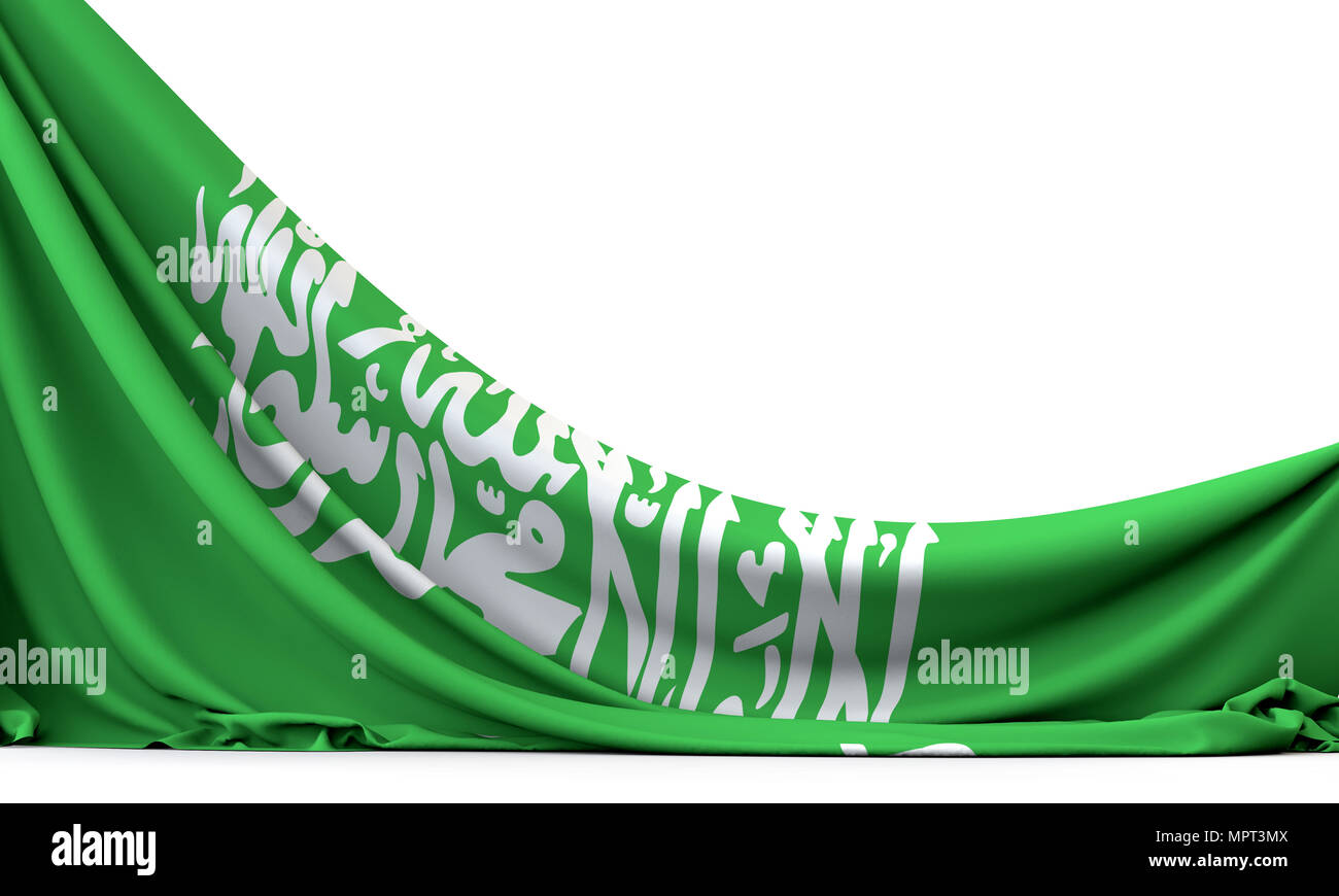 Saudi Arabia national flag hanging fabric banner. 3D Rendering Stock ...