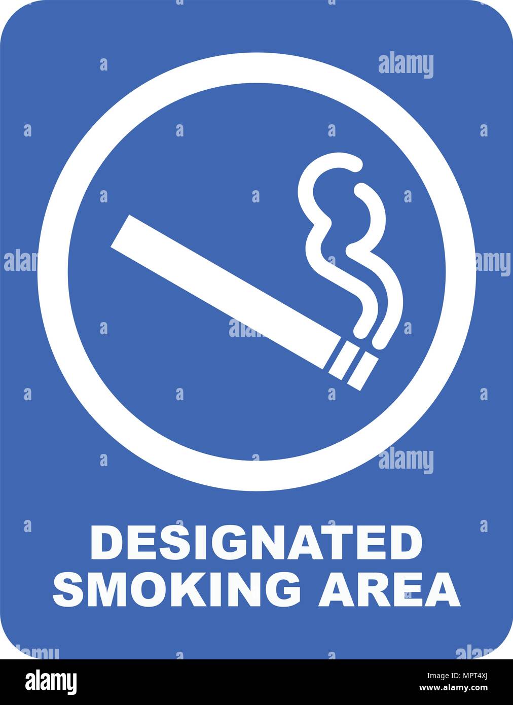 Designated smoking area sign. White cigarette with smoke symbol in blue ...