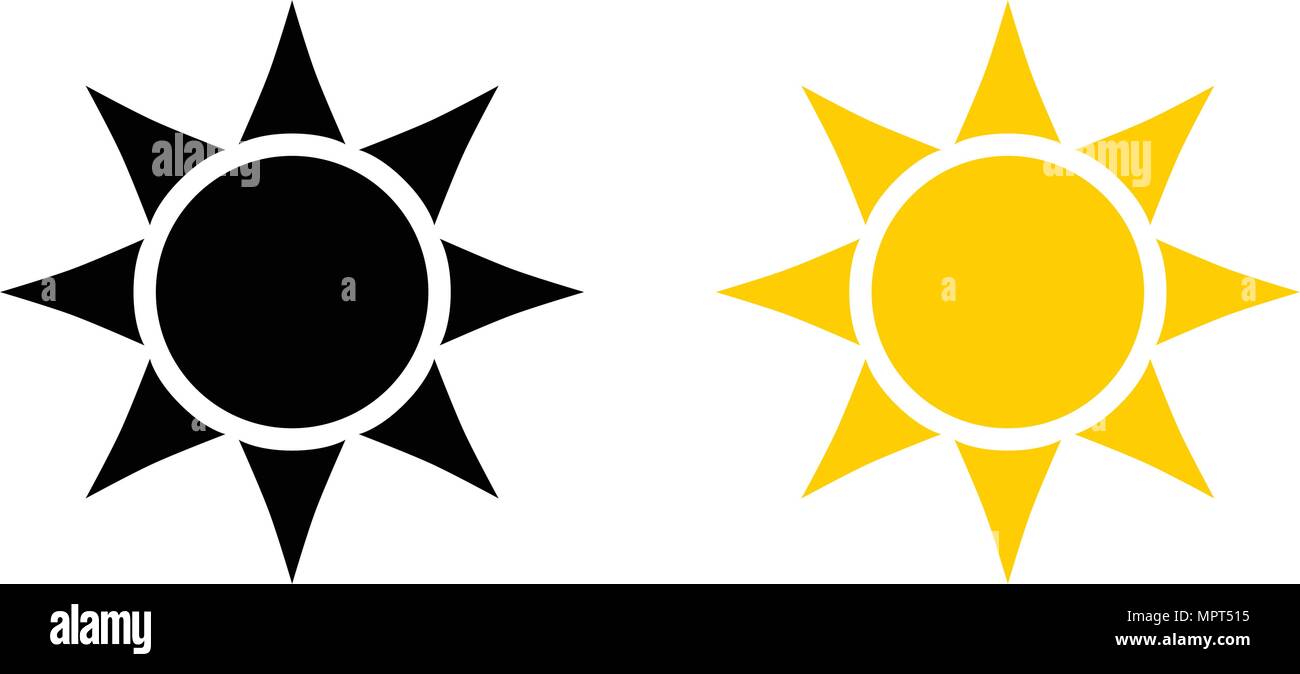 Simple black and yellow sun icon. Circle with six triangles in place of ...