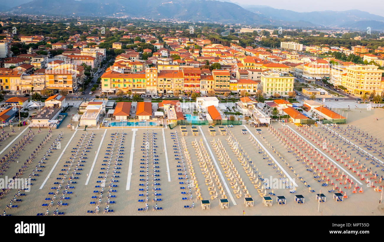 Aerial view of a private beach in Versilia, 20 km of coastline in ...