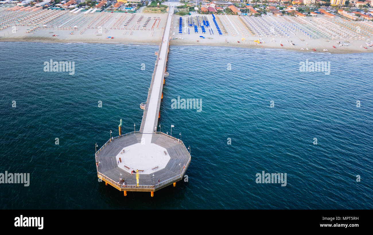 Aerial view of the pier of marina di pietrasanta with the beach and ...