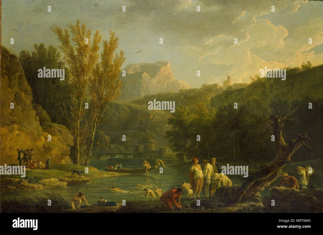 River Scene with Bathers, 1768-1770. Artist: Claude-Joseph Vernet Stock ...