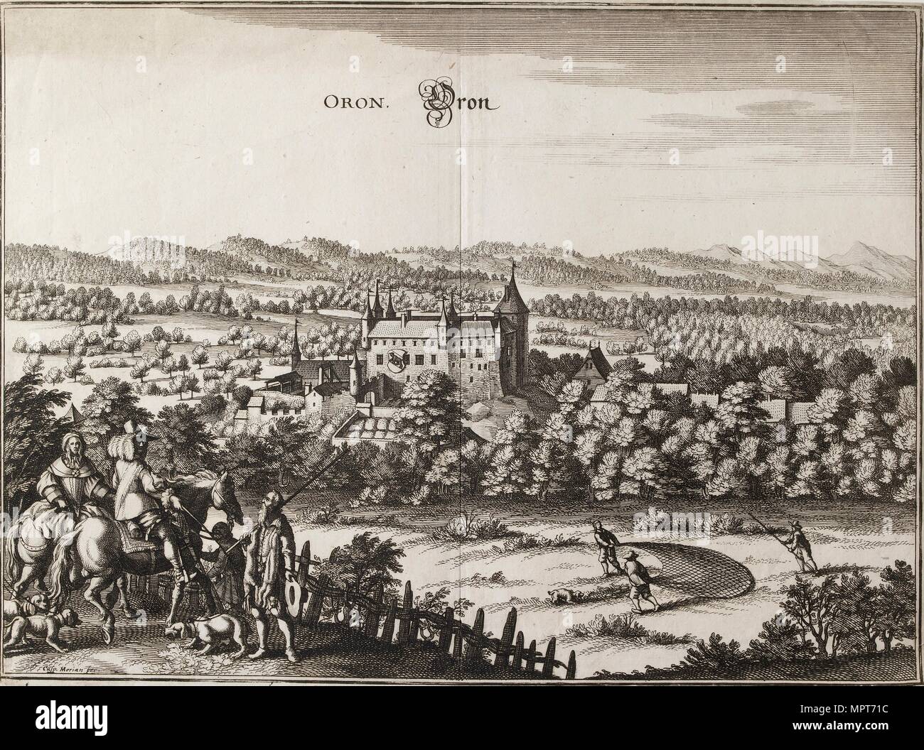 View of the castle of Oron, Switzerland with a hare hunter in the ...