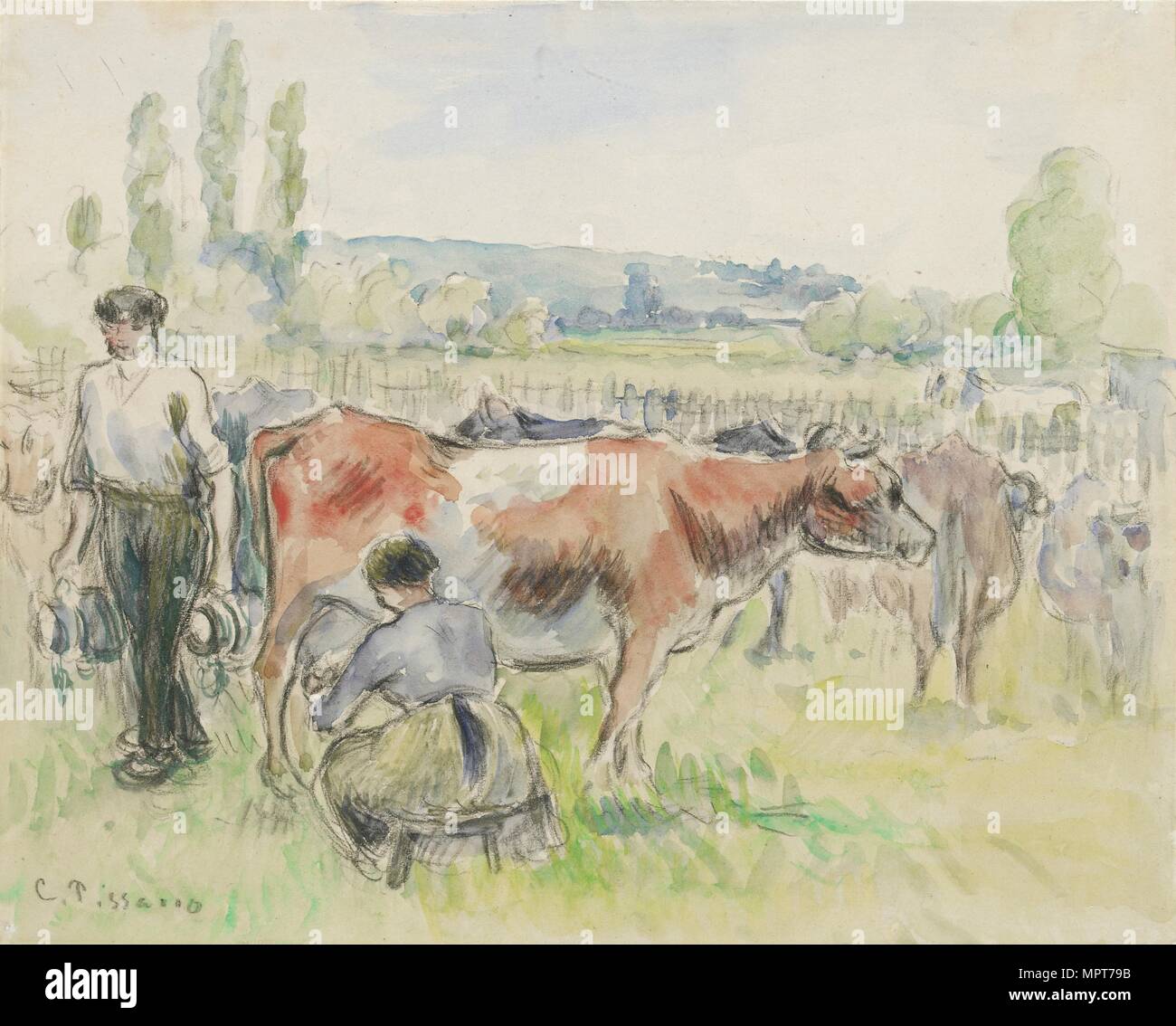 Compositional study of a milking scene at Eragny-sur-Epte, 1884. Artist ...