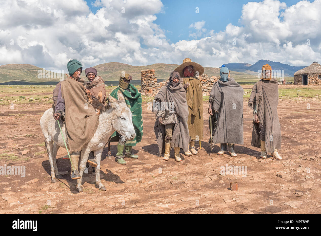 BLACK MOUNTAIN PASS, LESOTHO - MARCH 24, 2018: Unidentified Basotho people in traditional ...