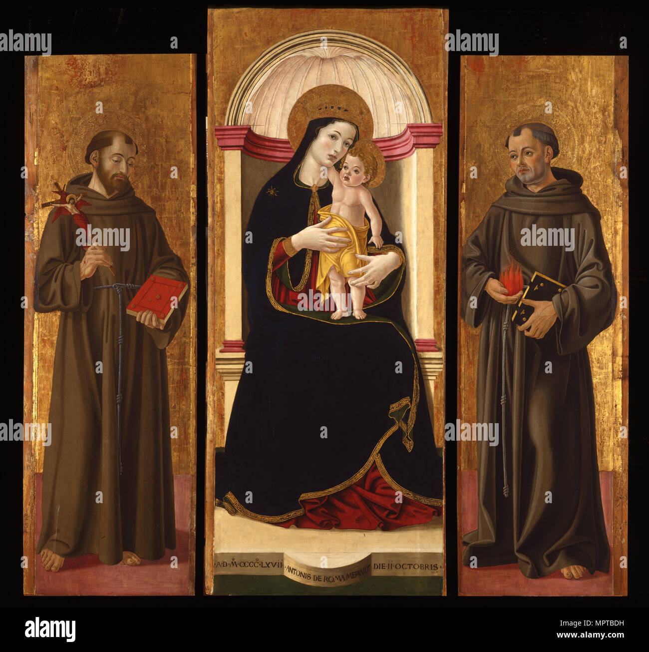 Triptych: Virgin and child with Saints Francis and Anthony Abbot Stock Photo - Alamy