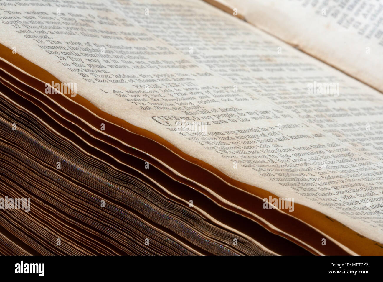 An old, antique (19th century) English Bible lying open in the Psalms ...