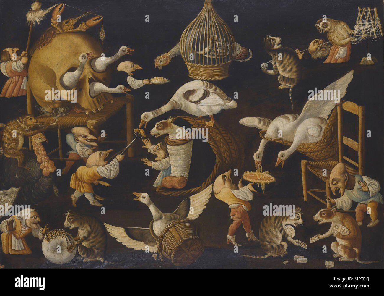 A Grotesque Scene With Animals Playing And a Dog Wrapped In Swaddling ...