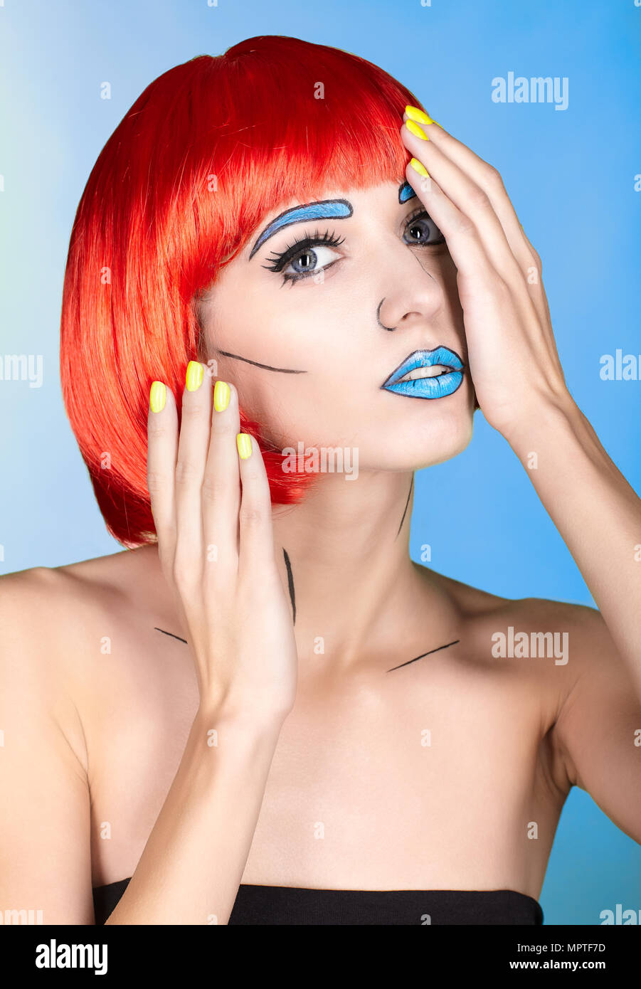 Portrait of young woman in comic pop art make-up style. Female in red ...