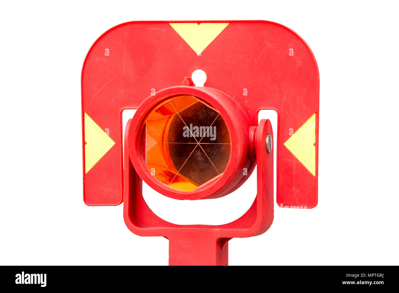 Red theodolite prism isolated on white used in surveying and building ...