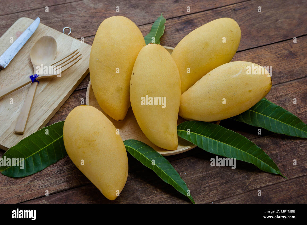 sweet yellow mango fruit on wood table , ready to eat for healthy ...