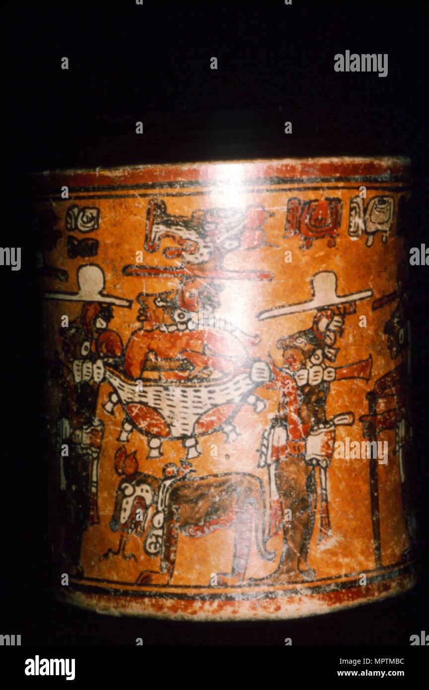 Maya painted jar: man in jaguar-skin litter from Guatemala. Artist ...