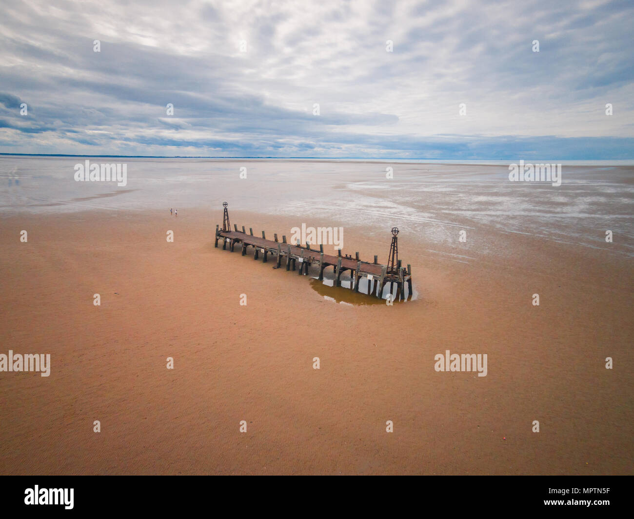 Aerial drone flight over Old Jetty at Lytham St Annes Beach, Lancashire ...