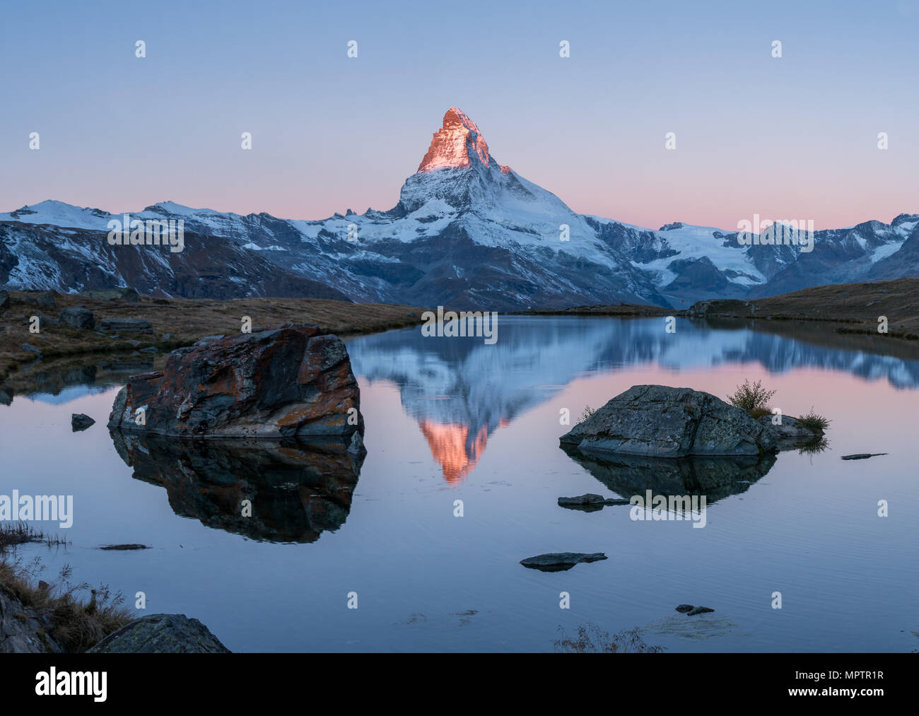 sunset at Matterhorn with reflection in Stellilake in the late ...