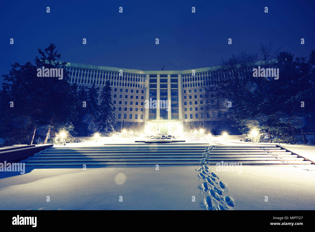 Parliament building with snow at night, Chisinau, Moldova Stock Photo ...
