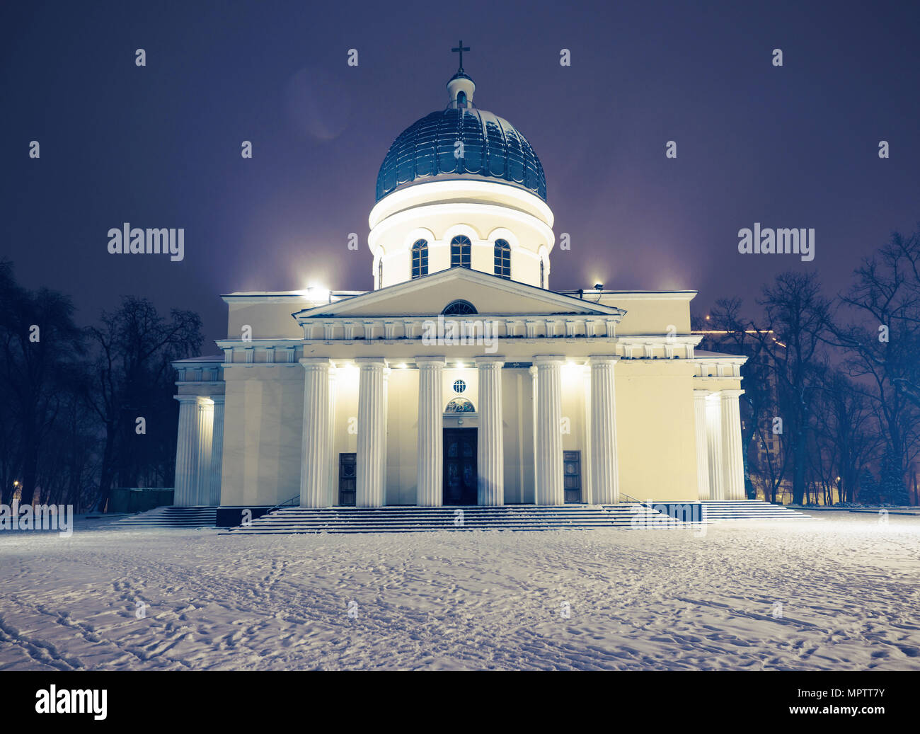 Nativity main central cathedral with snow at night in chisinau, moldova ...