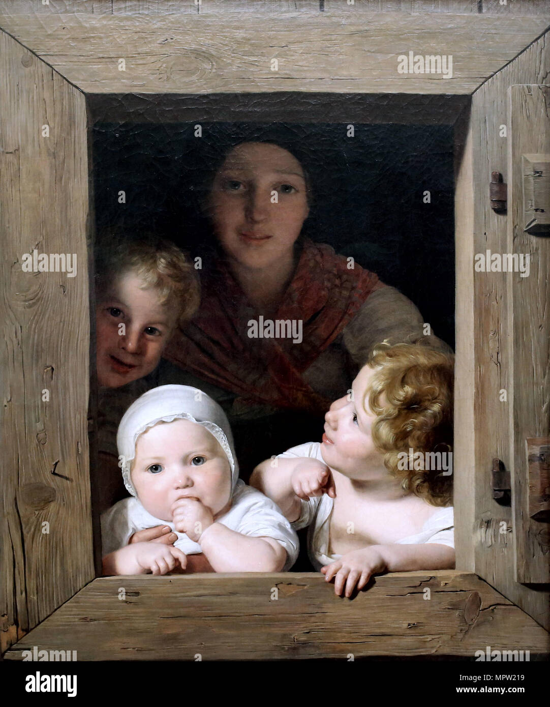 Young Peasant Woman with Three Children at the Window, 1840 Stock Photo ...