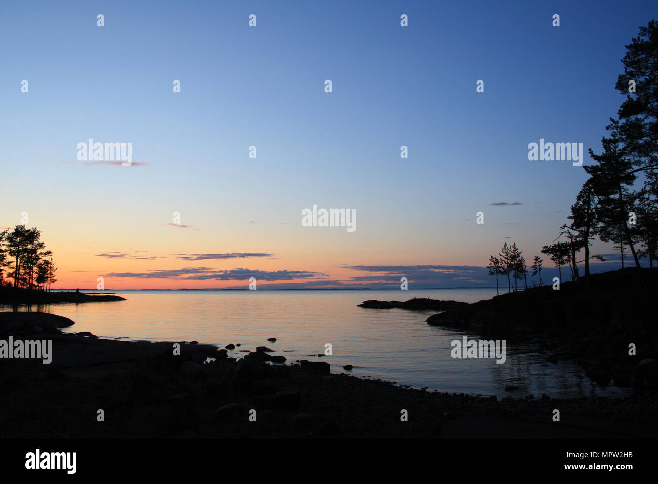 Beautiful northern landscape. Russian North. Ladoga lake at sunset ...