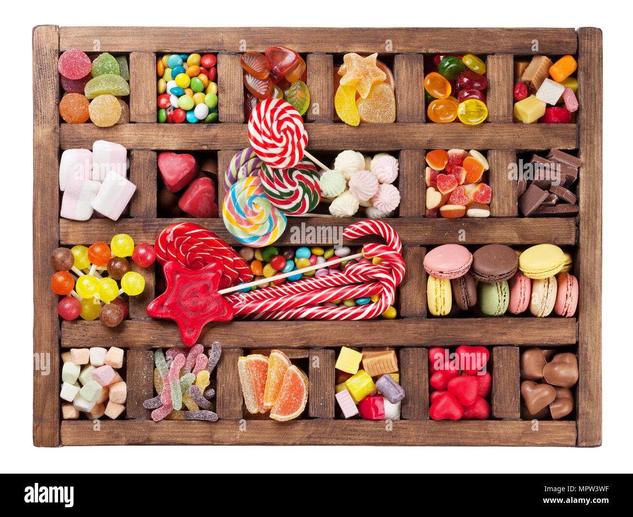 Colorful sweets box. Lollipops, macaroons, marshmallow, marmalade and ...
