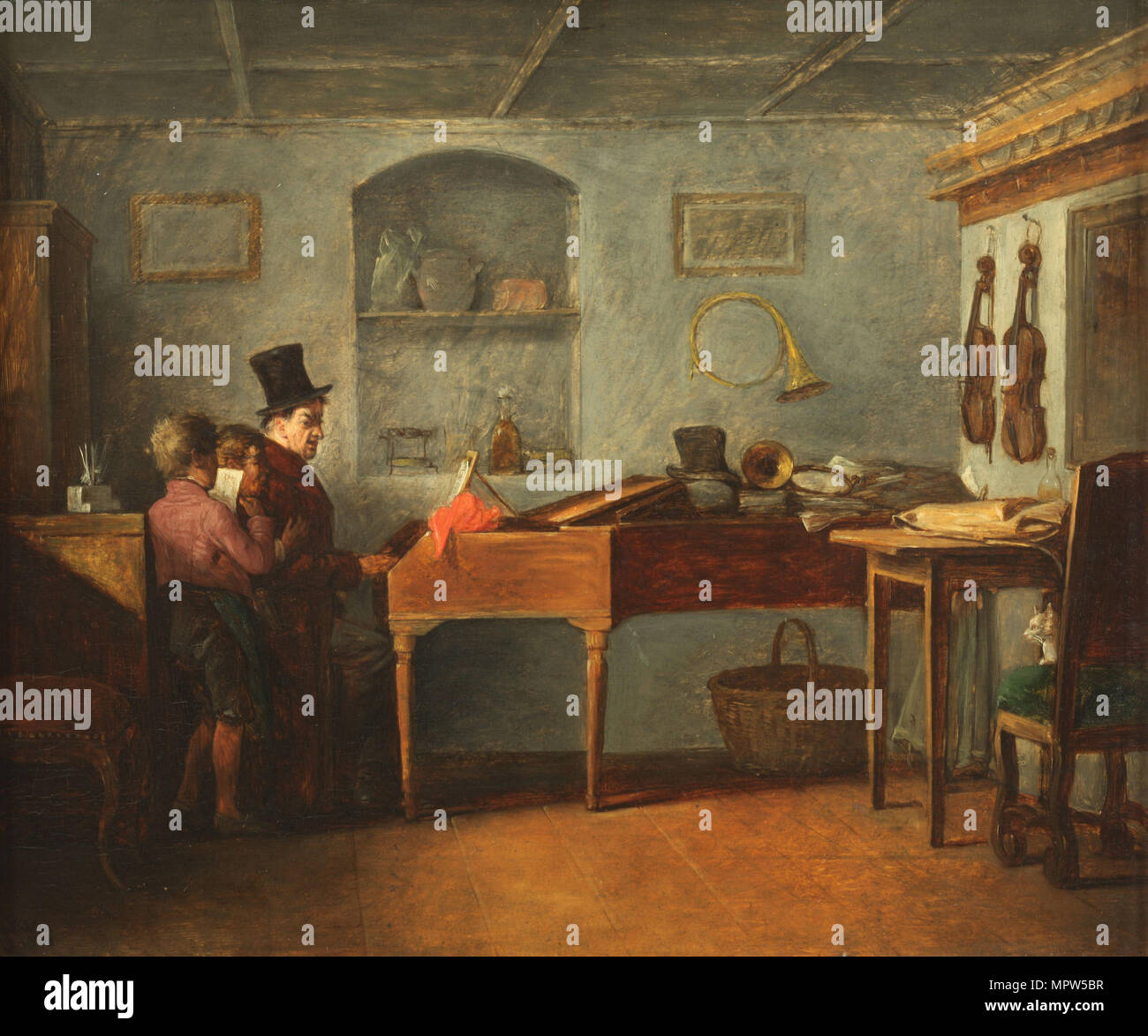 The schoolmaster with the boys singing flat at the piano, 1840 Stock ...