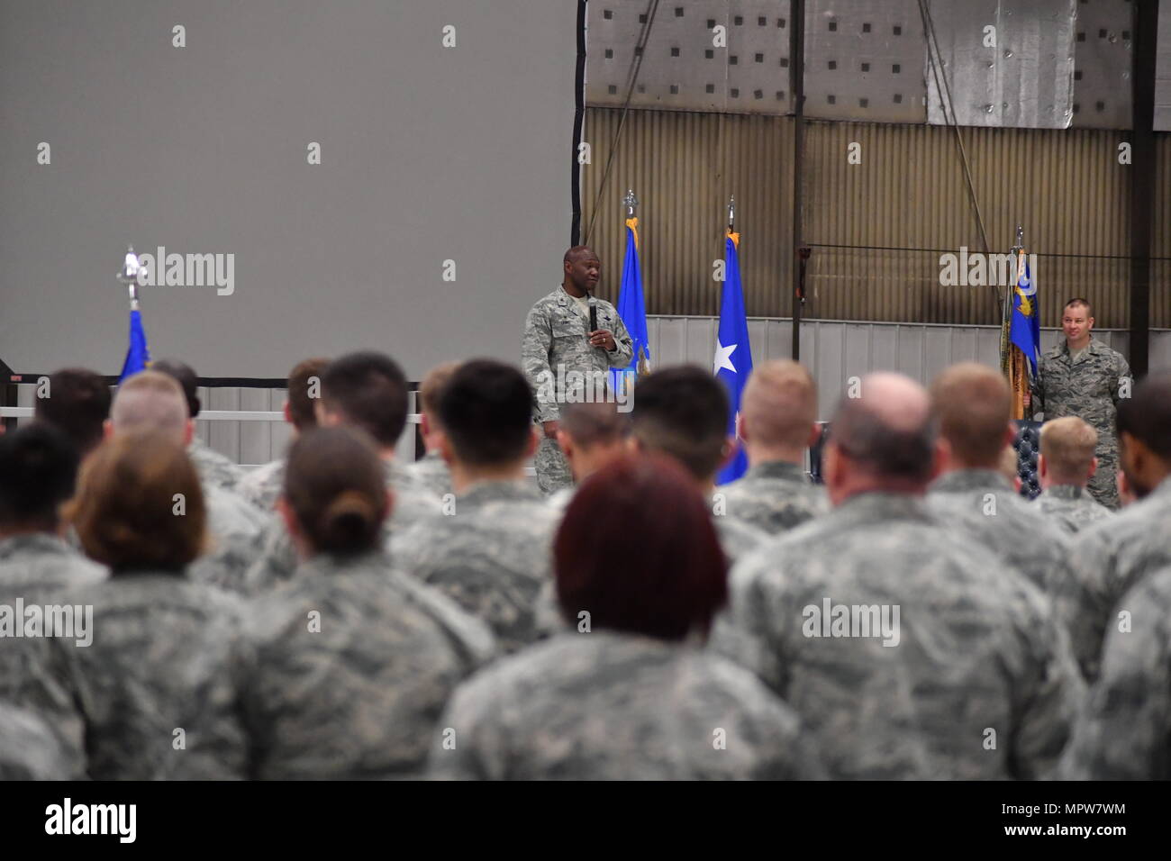 Col. Rodney Lewis, 319th Air Base Wing commander, addresses Airmen of ...