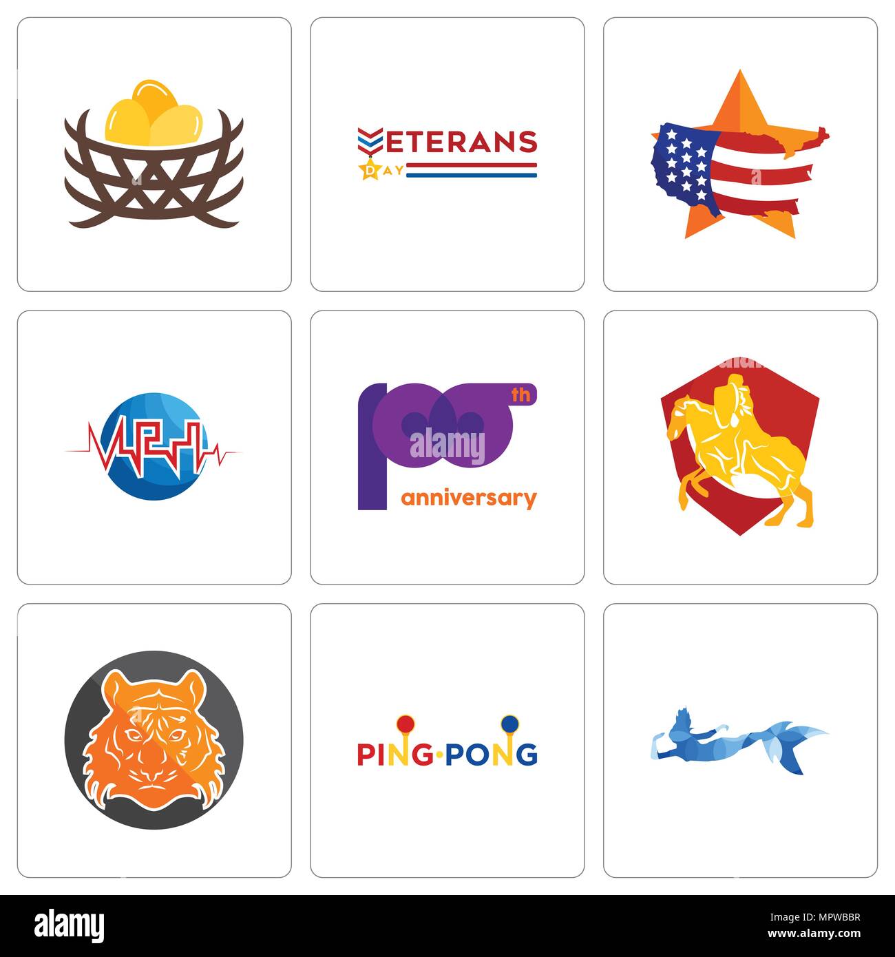 Set Of 9 simple editable icons such as mermaid, ping pong, bengal tiger ...