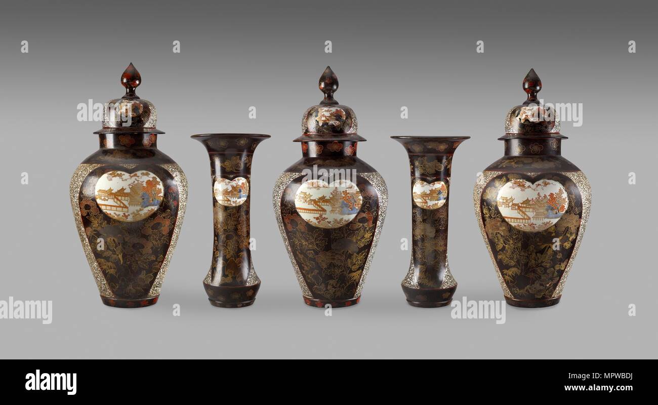 Lidded jar with panels depicting temple buildings among trees, 1701 ...