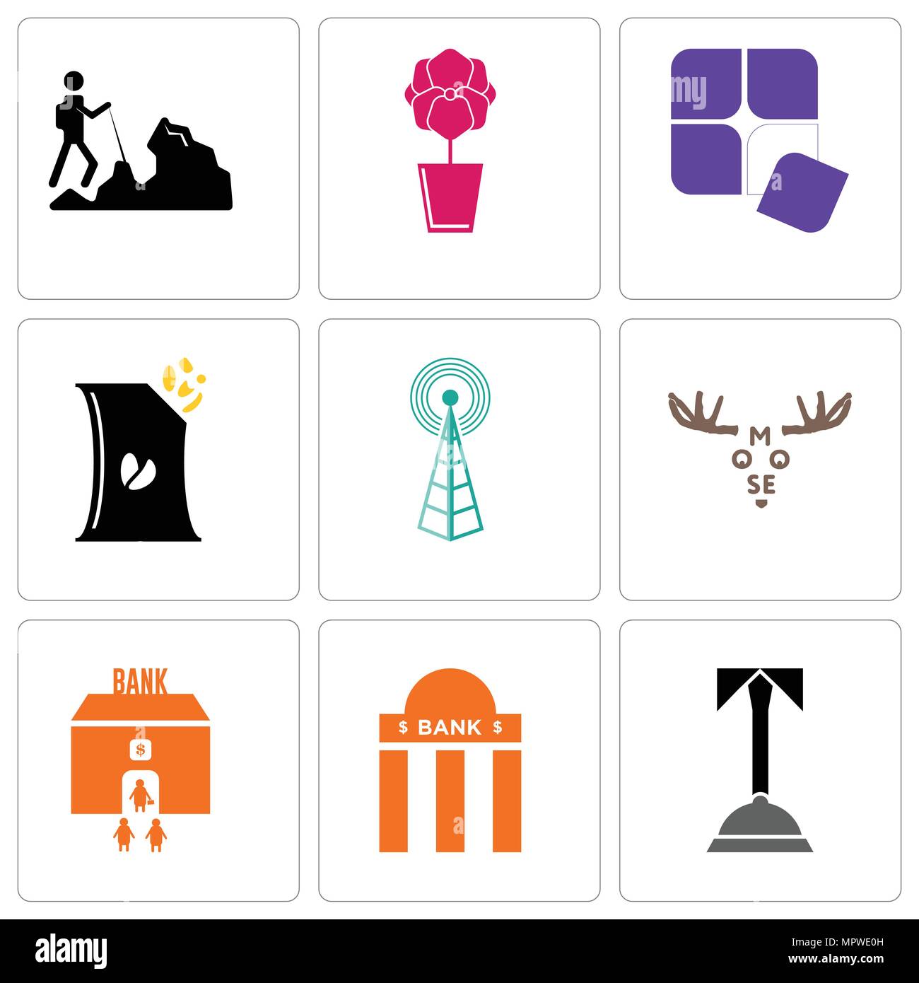 Set Of 9 simple editable icons such as concierge, bank branch, moose ...