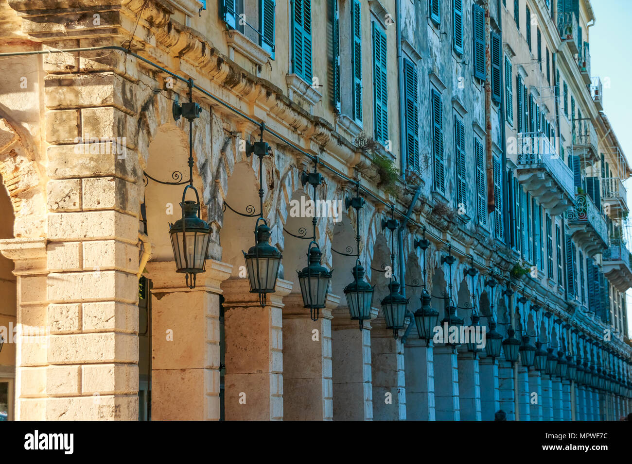 CORFU, GREECE. The historic center of Corfu town, Liston, Greece. Old ...