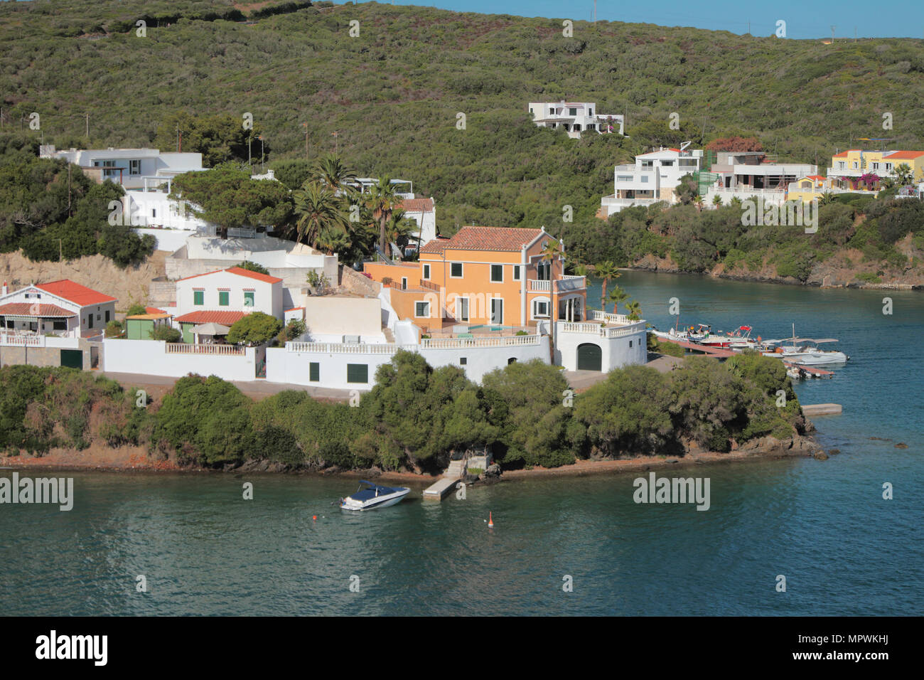 Sea gulf and country houses ashore. Mahon, Menorca, Spain Stock Photo ...