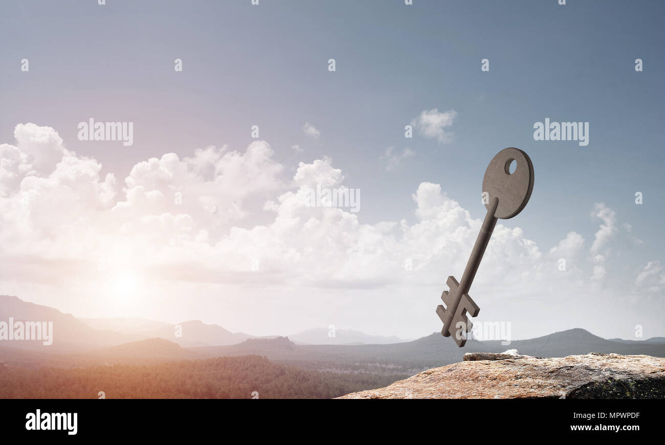 Conceptual background image of concrete key sign and natural landscape ...