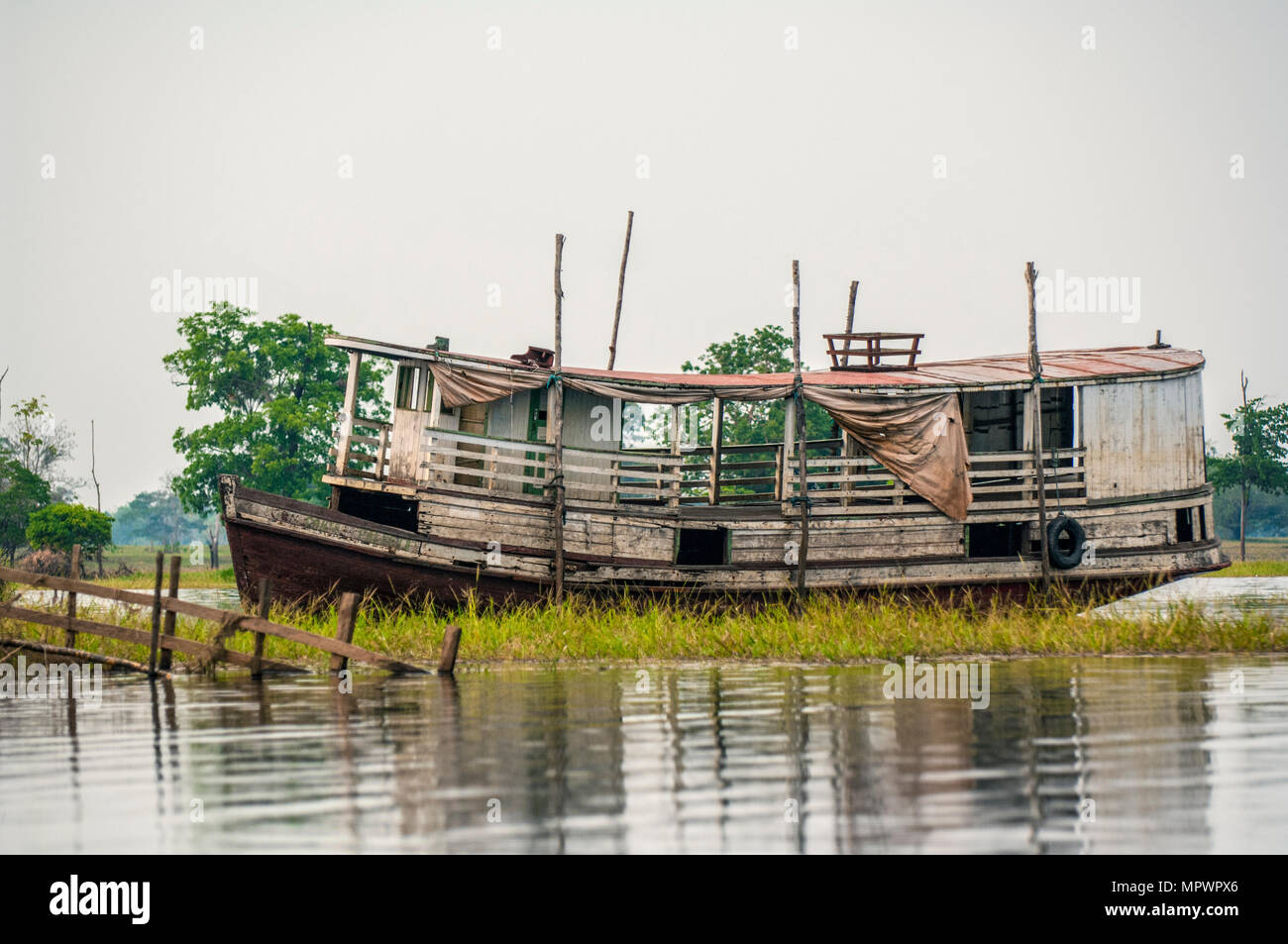Derelict river boat on the Amazon River near Manaus, Brazil Stock Photo ...