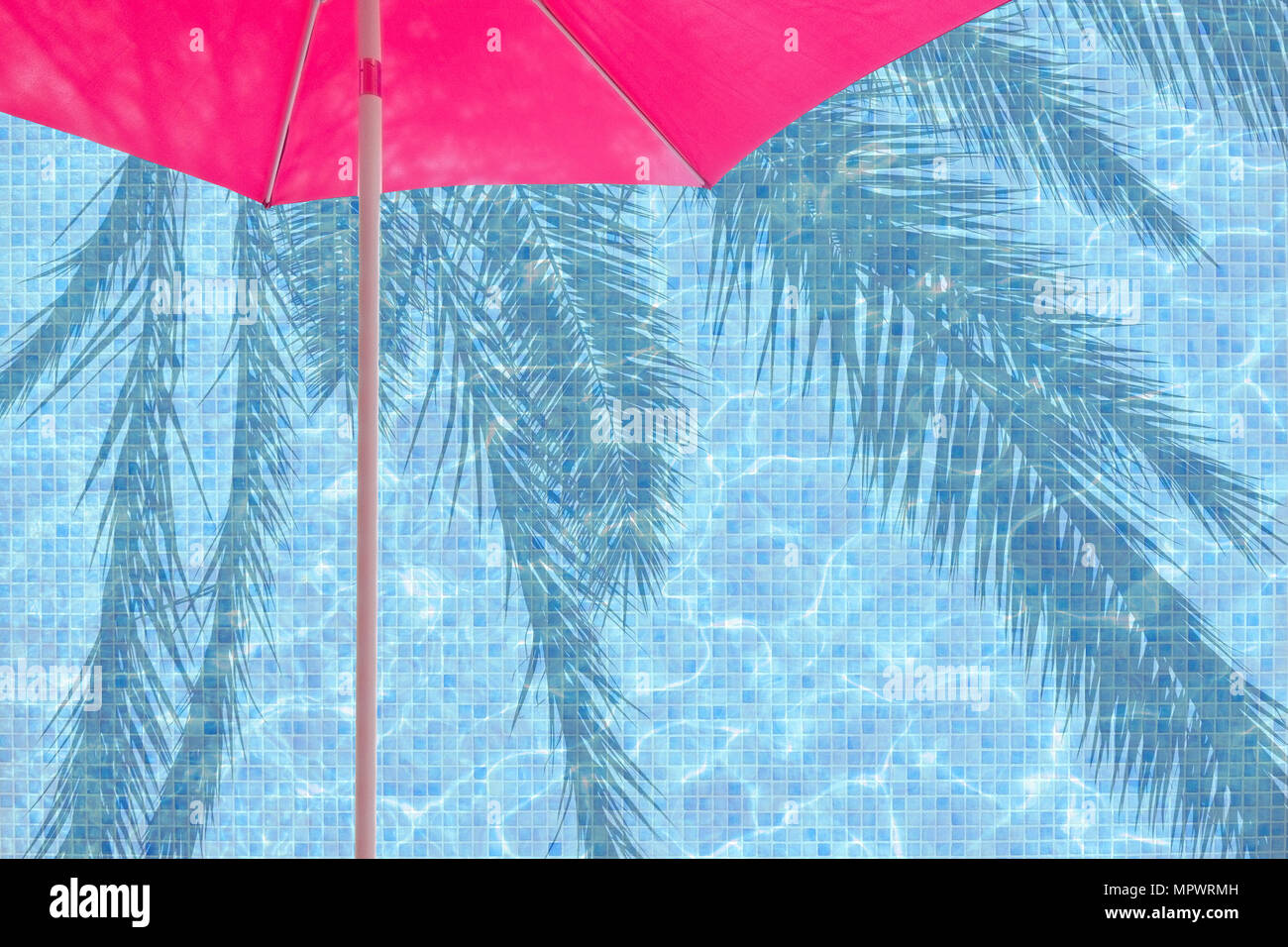 Pink parasol turquoise blue pool water surface background Stock Photo ...