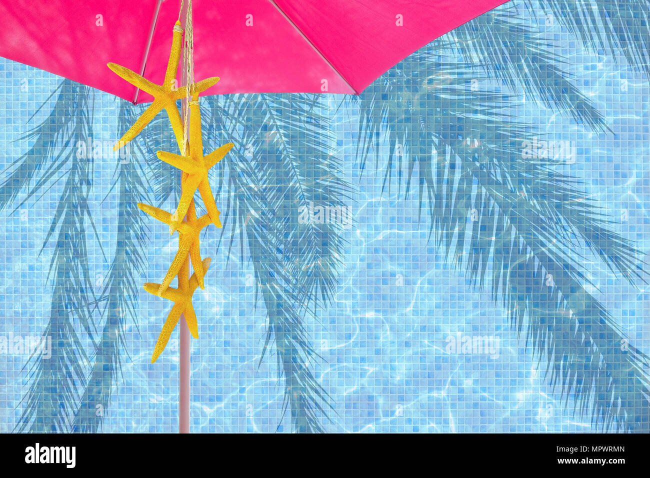 Pink parasol yellow starfish turquoise blue pool water surface ...