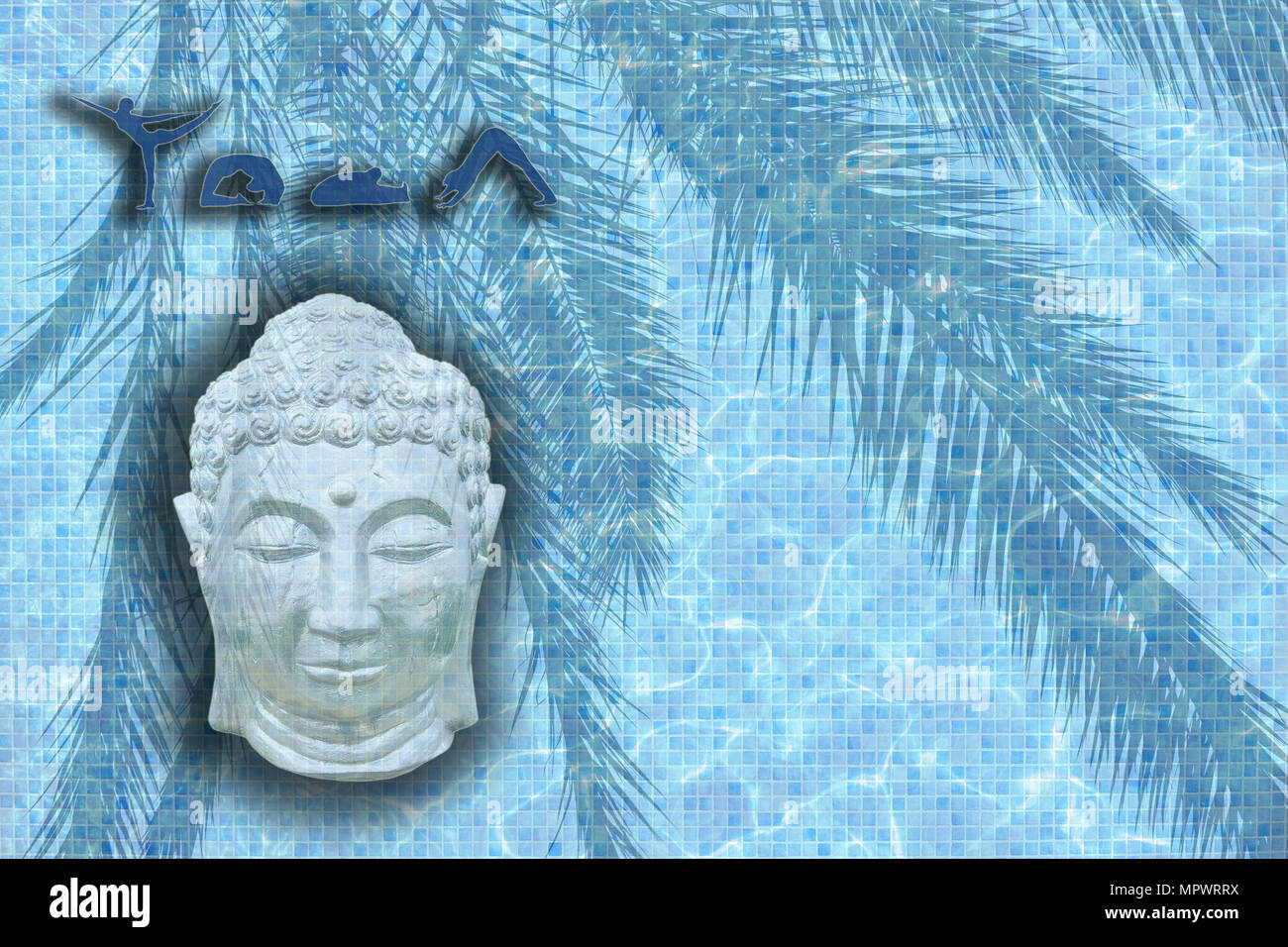 Yoga word with figures in poses and sleeping Buddha head on blue pool ...