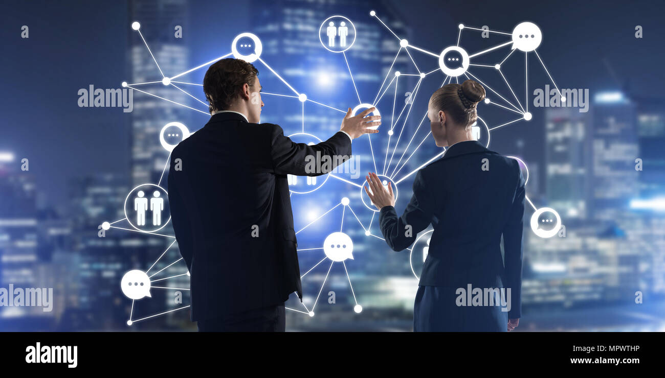 Concept of social connection and networking against night city view and ...