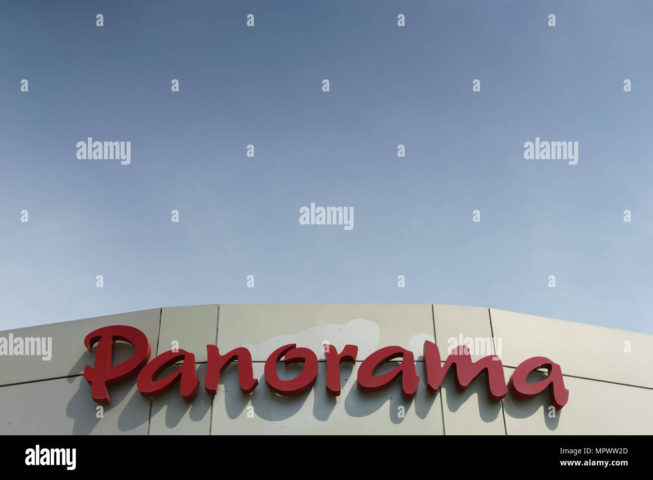 Signboard with red letters Panorama on the sky background Stock Photo ...